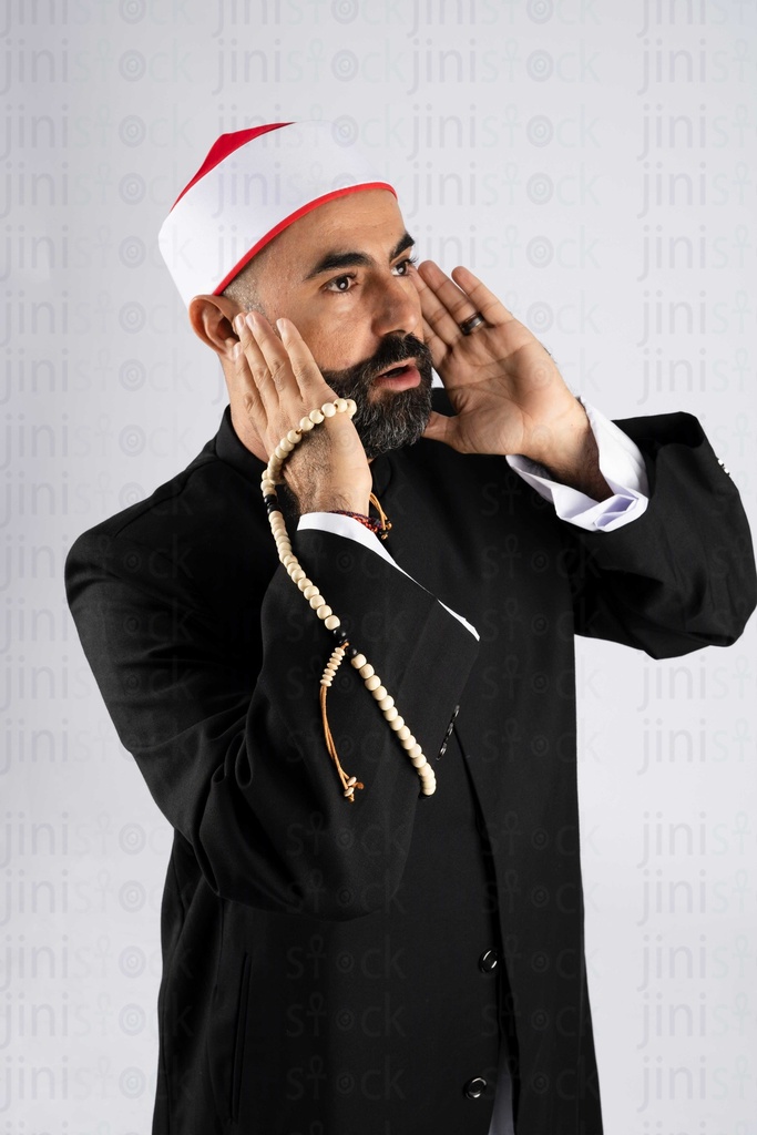 portrait for a Muslim sheikh praying with doaa with Rosary | Jini Stock