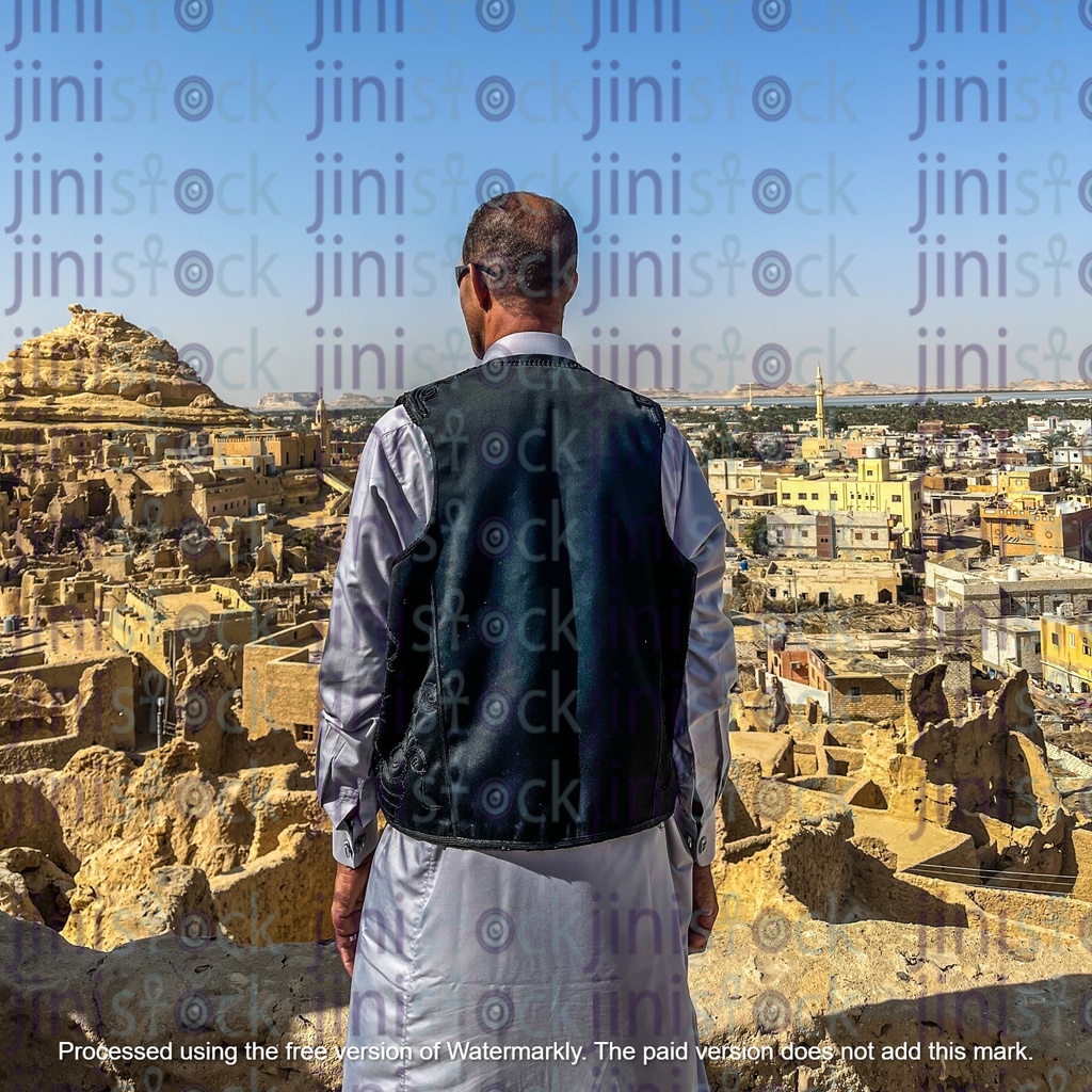 nubian man with his back to the camera and his face to the shali castle ...
